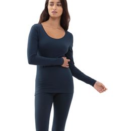 Langarmshirt Mey "Cotton Pure", Damen, Gr. 46, blau (night blau), Single Jersey, Obermaterial: 94% Baumwolle, 6% Elasthan, bequem Po-bedeckend, tiefer Rundhals, Shirts Langarmshirt, Tiefer Rundhalsausschnitt