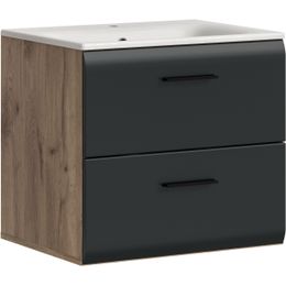 Waschbeckenunterschrank Welltime, nox oak nb, schwarz matt, B:60cm H:53cm T:46cm, MDF, Spanplatte, Schr&auml;nke, Waschbeckenunterschrank, Florenz, Waschtisch inkl. Waschbecken, Nox Oak, 2 Schubladen