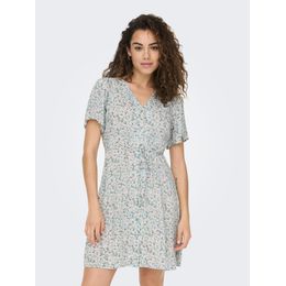 Minikleid Only "ONLEVIDA S/S SHORT DRESS WVN NOOS", Damen, Gr. XS, N-Gr, grau (gray mist aop:flower), Web, Obermaterial: 100% Viskose, bedruckt, regular fit kurz, V-Ausschnitt, Kleider Minikleid, Viskose, regular fit, V-Ausschnitt