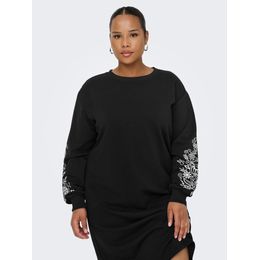 Sweatkleid Only CARMAKOMA "CARJENNA LS O-NECK SWEAT DRESS SWT", Damen, Gr. M, N-Gr, schwarz (schwarz detail:embroidery), Sweatware, Obermaterial: 60% Baumwolle, 40% Polyester, bedruckt, regular fit, Rundhals, Kleider Sweatkleid