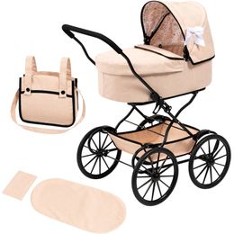 Puppenwagen BAYER "nostalgisch", beige (schleife beige), Puppenwagen, KinderB:44,5cm H:80cm T:67cm, Kunststoff, Metall, Polyester, inklusive Umh&auml;ngetasche, B:44,5cm H:80cm T:67cm