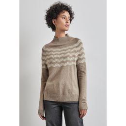 Strickpullover Street One, Damen, Gr. 34, beige (mocha glow meliert), Web, 37% Baumwolle, 34% Polyacryl, 26% Polyester, 3% Elasthan, gestreift, normal normal, hoch geschlossener Ausschnitt, B&uuml;ndchen, Pullover Strickpullover, mit Stehkragen