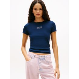 Kurzarmshirt Tommy Jeans "TJW SLIM TOMMY 85 RIB SS TEE", Damen, Gr. M (38), schwarz night navy, Single Jersey, Obermaterial: 95% Baumwolle, 5% Elasthan, bedruckt, figurbetont, Rundhals, Shirts, in gerippter Struktur