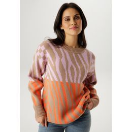 Strickpullover Aniston SELECTED, Damen, Gr. 48, rosa, orange, braunbeige, Strick, Obermaterial: 50% Viskose, 26% Polyacryl, 24% Polyester, Jacquardmuster, l&auml;ssig geschnitten h&uuml;ftbedeckend, Rundhals, Rippstrickb&uuml;ndchen, Pullover Strickpullover, mit fantasievoller Animal-Musterung - NEUE KOLLEKTION