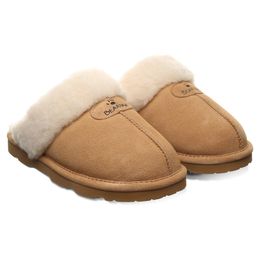 Hausschuh Bearpaw "Loki", Damen, Gr. 38, hellbraun, Veloursleder, Fellimitat, Basic, Schuhe Hausschuh, Home Slipper, Pantoffel mit Warmfutter