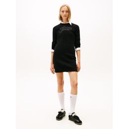 Sweatkleid Tommy Jeans "TJW MINI SCRIPT SWEATER DRESS", Damen, Gr. S (36), N-Gr, schwarz, Jersey, Obermaterial: 90% Polyester, 9% Polyamid, 1% Elasthan, bedruckt, regular fit kurz, Rundhals, Kleider Sweatkleid