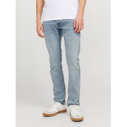 Jack & Jones Slim-fit-Jeans JACK & JONES "JJIGLENN Slim-Fit mit Stretch und praktischer 5-Pocket-Form", Damen, Gr. 28, L&auml;nge 32, blau (blau denim), Denim/Jeans, Obermaterial: 70% Baumwolle, 28% Polyester, 2% Elasthan, slim fit kn&ouml;chellang, Jeans Slim-fit-Jeans, mit Abriebeffekten