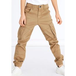 Cargohose name it "NKMRYAN &ndash; f&uuml;r Jungen mit verstellbarem Bund und Stretchkomfort", Jungen, Gr. 122, N-Gr, braun (kelp), Twill, Obermaterial: 98% Baumwolle, 2% Elasthan, unifarben, regular fit kn&ouml;chellang, Hosen Cargohose, unifarben, casual, regular fit, Twill