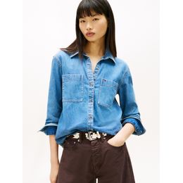 Jeansbluse Tommy Jeans "REGULAR FIT SHIRT", Damen, Gr. XL (42), denim medium, Denim/Jeans, Obermaterial: 76% Baumwolle, 24% Lyocell, unifarben, regular fit, Blusen Jeansbluse