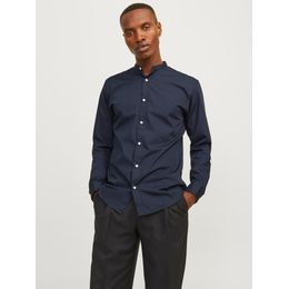 Jack & Jones Langarmhemd JACK & JONES "JJJOE SHIRT LS PLAIN MAO", Herren, Gr. S, N-Gr, navy blazer, Web, Obermaterial: 65% Polyester, 35% Baumwolle, unifarben, slim fit h&uuml;ftlang, Hemden