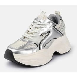 Plateausneaker Buffalo "Yuno one", Damen, Gr. 38, wei&szlig;, schwarz, silberfarben, Lederimitat, Textil, metallic, Schuhe Plateausneaker, Halbschuh, Schn&uuml;rschuh, Retro-Sneaker mit Memory Foam Innensohle