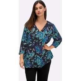 Longbluse sheego, Damen, Gr. 54, tiefblau, bedruckt, 100% Viskose, bedruckt, gebl&uuml;mt, gemustert, mehrfarbig, V-Ausschnitt, Blusen Longbluse