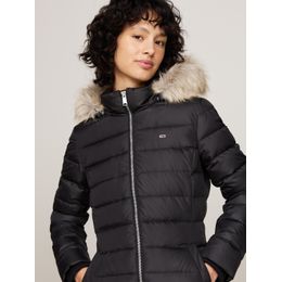Steppmantel Tommy Jeans "TJW ESSENTIAL HOODED DOWN COAT", Damen, Gr. M (38), schwarz, Web, Obermaterial: 100% Polyester. Futter: 100% Polyester, unifarben, regular fit h&uuml;ftbedeckend, Rippb&uuml;ndchen, M&auml;ntel Steppmantel, mit Fellimitat, Logostickerei, Topseller