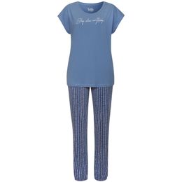Pyjama Vivance Dreams, Damen, Gr. 32/34, blau, rosa, gestreift, Single Jersey, Obermaterial: 50% Baumwolle, 50% Viskose, gestreift, bequem lang, Rundhals, Homewear-Sets Pyjama, Mit sch&ouml;nem Alloverprint