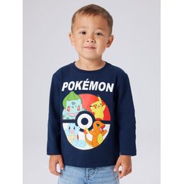 T-Shirt name it "NMMJUICE POKEMON LS NREG TOPBOX NOOS SKY", Jungen, Gr. 104, navy blazer, Jersey, Obermaterial: 95% Baumwolle, 5% Elasthan, bedruckt, unifarben, Basic h&uuml;ftlang, Rundhals, Shirts T-Shirt