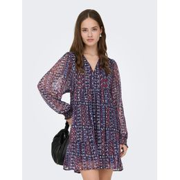 Chiffonkleid Only "ONLSIRA L/S SHORT DRESS WVN", Damen, Gr. M, N-Gr, night sky aop:sira print, Web, Obermaterial: 100% Polyester, bedruckt, regular fit kurz, V-Ausschnitt, gesmokt, Kleider Chiffonkleid