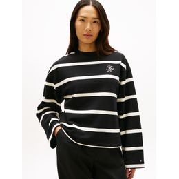 Sweatshirt Tommy Hilfiger "TH SCRIPT MDRN TERRY SWTSHRT", Damen, Gr. M (38), schwarz, calico stp, Sweatware, Obermaterial: 83% Baumwolle, 13% Polyester, 4% Elasthan, gestreift, regular fit normal, Rundhals, Sweatshirts Sweatshirt
