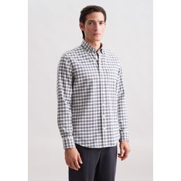 Flanellhemd Seidensticker, Herren, Gr. M (40), normale &Auml;rmell&auml;ngen, dunkelgrau, 100% Baumwolle, kariert, slim fit, 2-Knopf-Manschette, Hemden, Slim 1/1 Button-Down-Kragen Karo