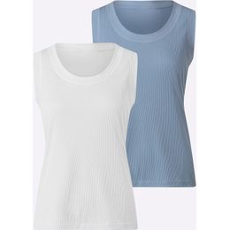 Shirttop Heine, Damen, Gr. 42, blau (bleu, ecru), 65% Polyester, 35% Baumwolle, unifarben, Rundhals, Tops Shirttop