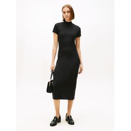 Jerseykleid Tommy Hilfiger "SLIM 5X2 RIB MOCK-NK SS DRS", Damen, Gr. XXL (44), N-Gr, schwarz, Jersey, Obermaterial: 95% Viskose, 5% Elasthan, unifarben, figurbetont, Rundhals, Kleider Jerseykleid, in gerippter Struktur