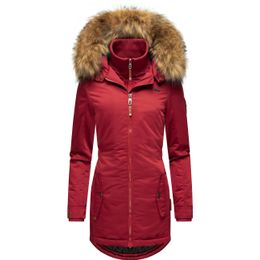 Wintermantel Marikoo "Sanakoo", Damen, Gr. M (38), rot (blutrot), Oberstoff: 100% Polyester; Futter: 100% Polyester; Wattierung: 100% Polyester; &Auml;rmelfutter: 100% Polyester; Kunstpelz: 90% Polyacryl, 10% Polyester, tailliert Po-bedeckend, &Auml;rmel ohne &Auml;rmelschlitz Rippstrickb&uuml;ndchen, M&auml;ntel Wintermantel, schicker Damen Kurzmantel mit Kunstfellkapuze