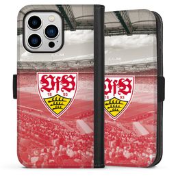 DeinDesign iPhone 13 Pro Handy Klapph&uuml;lle Handyh&uuml;lle aus Kunst Leder schwarz Flip Case Stadium Vfb Stuttgart Official Licensed Product Sideflip mit Lasche