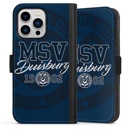 DeinDesign iPhone 13 Pro Handy Klapph&uuml;lle Handyh&uuml;lle aus Kunst Leder schwarz Flip Case Soccer Merchandise Msv Duisburg Sideflip mit Lasche