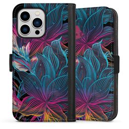 DeinDesign iPhone 13 Pro Handy Klapph&uuml;lle Handyh&uuml;lle aus Kunst Leder schwarz Flip Case Colourful Flowers Neon Sideflip mit Lasche