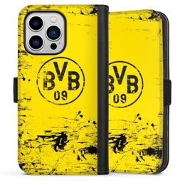 DeinDesign iPhone 13 Pro Handy Klapph&uuml;lle Handyh&uuml;lle aus Kunst Leder schwarz Flip Case Bvb Official Licensed Product Borussia Dortmund Sideflip mit Lasche
