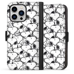 DeinDesign iPhone 13 Pro Handy Klapph&uuml;lle Handyh&uuml;lle aus Kunst Leder schwarz Flip Case Peanuts Snoopy Muster Sideflip mit Lasche