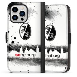 DeinDesign iPhone 13 Pro Handy Klapph&uuml;lle Handyh&uuml;lle aus Kunst Leder schwarz Flip Case Skyline Sc Freiburg Logo Sideflip mit Lasche