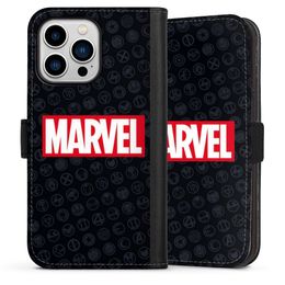 DeinDesign iPhone 13 Pro Handy Klapph&uuml;lle Handyh&uuml;lle aus Kunst Leder schwarz Flip Case Logo Marvel Comic Sideflip mit Lasche