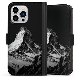 DeinDesign iPhone 13 Pro Handy Klapph&uuml;lle Handyh&uuml;lle aus Kunst Leder schwarz Flip Case Mountain Snow Mountain Top Sideflip mit Lasche