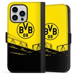 DeinDesign iPhone 13 Pro Handy Klapph&uuml;lle Handyh&uuml;lle aus Kunst Leder schwarz Flip Case Merchandise Bvb Borussia Dortmund Sideflip mit Lasche