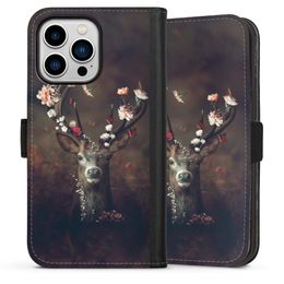 DeinDesign iPhone 13 Pro Handy Klapph&uuml;lle Handyh&uuml;lle aus Kunst Leder schwarz Flip Case Reindeer Flowers Rehe Sideflip mit Lasche