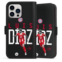 DeinDesign iPhone 13 Pro Handy Klapph&uuml;lle Handyh&uuml;lle aus Kunst Leder schwarz Flip Case Fc Bayern M&uuml;nchen Official Licensed Product Luis Diaz Sideflip mit Lasche