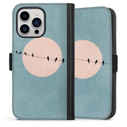 DeinDesign iPhone 13 Pro Handy Klapph&uuml;lle Handyh&uuml;lle aus Kunst Leder schwarz Flip Case Bird Turquoise Moon Sideflip mit Lasche