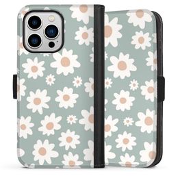 DeinDesign iPhone 13 Pro Handy Klapph&uuml;lle Handyh&uuml;lle aus Kunst Leder schwarz Flip Case Daisy Muster Flowers Sideflip mit Lasche