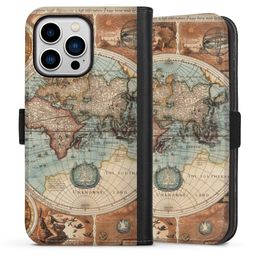 DeinDesign iPhone 13 Pro Handy Klapph&uuml;lle Handyh&uuml;lle aus Kunst Leder schwarz Flip Case Vintage Map World Map Sideflip mit Lasche