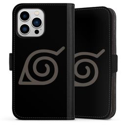 DeinDesign iPhone 13 Pro Handy Klapph&uuml;lle Handyh&uuml;lle aus Kunst Leder schwarz Flip Case Naruto Shippuden Konoha Logo Sideflip mit Lasche