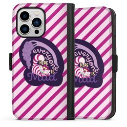 DeinDesign iPhone 13 Pro Handy Klapph&uuml;lle Handyh&uuml;lle aus Kunst Leder schwarz Flip Case Disney Grinning Cat Alice In Wonderland Sideflip mit Lasche