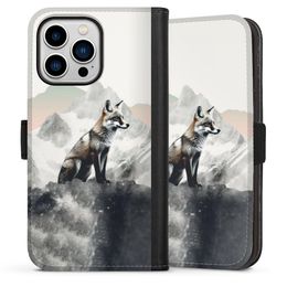 DeinDesign iPhone 13 Pro Handy Klapph&uuml;lle Handyh&uuml;lle aus Kunst Leder schwarz Flip Case Nature Mountain Fox Sideflip mit Lasche