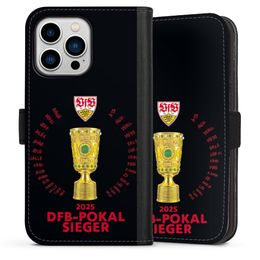 DeinDesign iPhone 13 Pro Handy Klapph&uuml;lle Handyh&uuml;lle aus Kunst Leder schwarz Flip Case Trophy Official Licensed Product Vfb Stuttgart Sideflip mit Lasche
