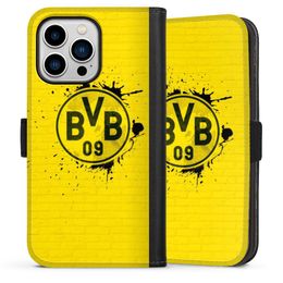 DeinDesign iPhone 13 Pro Handy Klapph&uuml;lle Handyh&uuml;lle aus Kunst Leder schwarz Flip Case Official Licensed Product Bvb Borussia Dortmund Sideflip mit Lasche