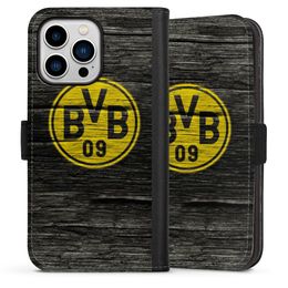 DeinDesign iPhone 13 Pro Handy Klapph&uuml;lle Handyh&uuml;lle aus Kunst Leder schwarz Flip Case Wooden Look Bvb Borussia Dortmund Sideflip mit Lasche