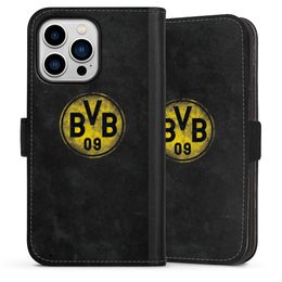 DeinDesign iPhone 13 Pro Handy Klapph&uuml;lle Handyh&uuml;lle aus Kunst Leder schwarz Flip Case Bvb Borussia Dortmund Merchandise Sideflip mit Lasche