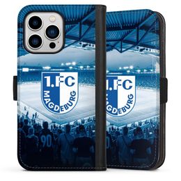 DeinDesign iPhone 13 Pro Handy Klapph&uuml;lle Handyh&uuml;lle aus Kunst Leder schwarz Flip Case Stadium 1. Fcm 1. Fc Magdeburg Sideflip mit Lasche