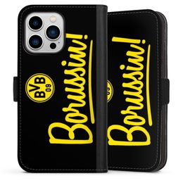 DeinDesign iPhone 13 Pro Handy Klapph&uuml;lle Handyh&uuml;lle aus Kunst Leder schwarz Flip Case Borussia Dortmund Bvb Soccer Sideflip mit Lasche