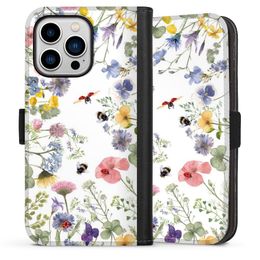 DeinDesign iPhone 13 Pro Handy Klapph&uuml;lle Handyh&uuml;lle aus Kunst Leder schwarz Flip Case Flowers Bee Muster Sideflip mit Lasche