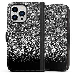 DeinDesign iPhone 13 Pro Handy Klapph&uuml;lle Handyh&uuml;lle aus Kunst Leder schwarz Flip Case Muster Snowflake Glitzer Sideflip mit Lasche